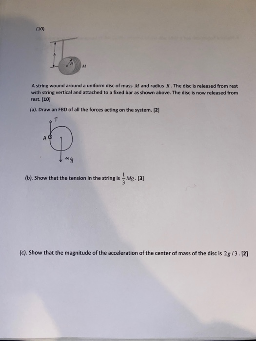 Solved (10) M A string wound around a uniform disc of mass M | Chegg.com