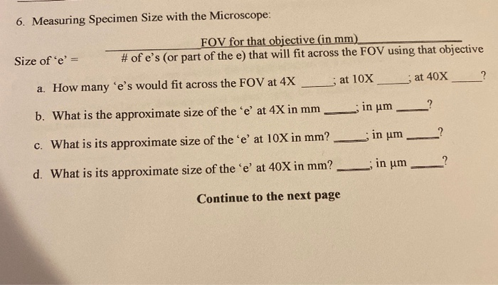 Solved 6. Measuring Specimen Size with the Microscope: FOV | Chegg.com