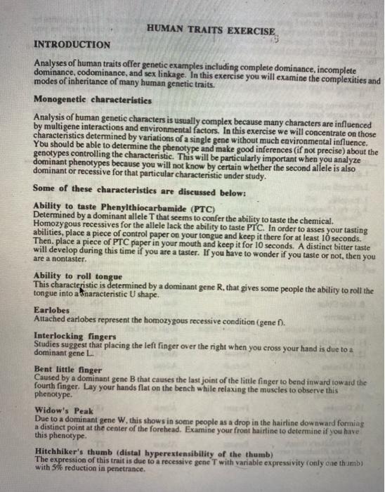 HUMAN TRAITS EXERCISE INTRODUCTION Analyses of human | Chegg.com