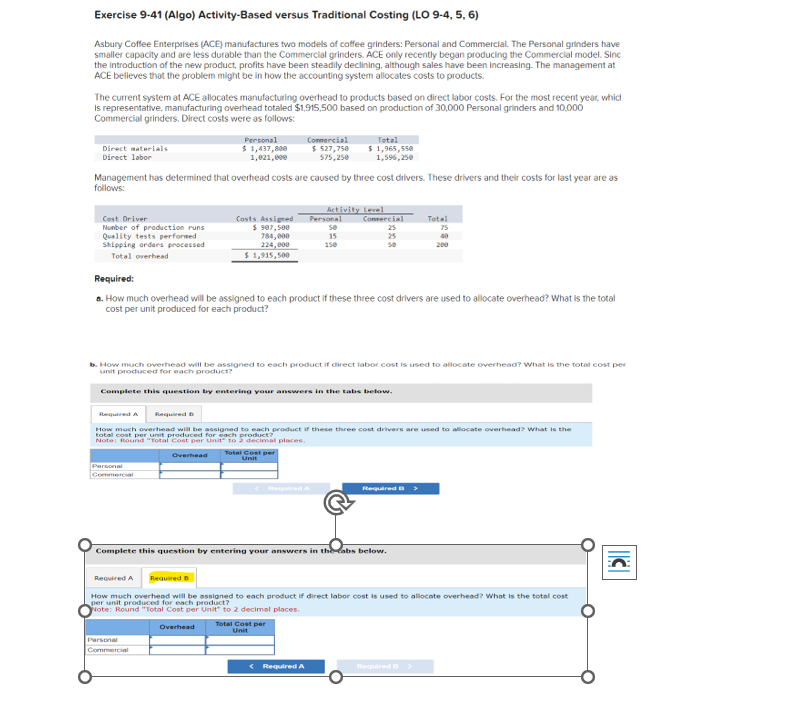 Exercise 9-41 (Algo) ﻿Activity-Based versus | Chegg.com