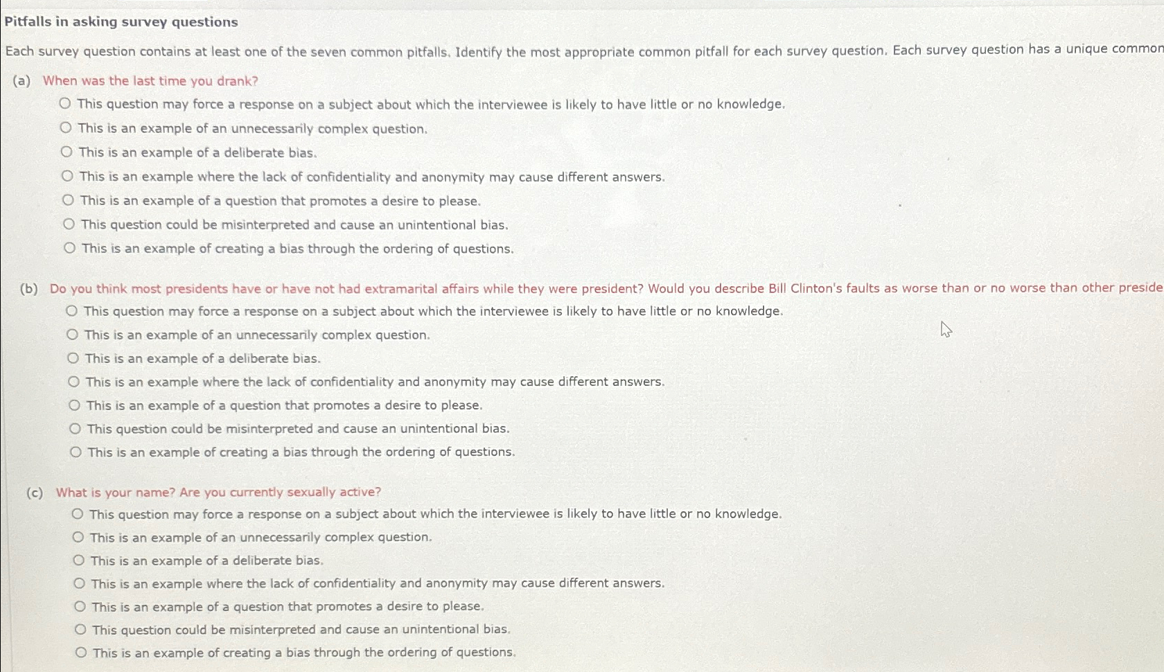 Solved Pitfalls in asking survey questionsEach survey | Chegg.com