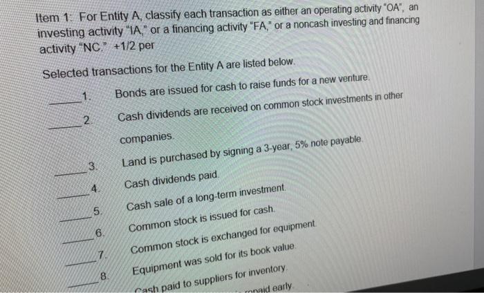 Solved Item 1: For Entity A, classify each transaction as | Chegg.com