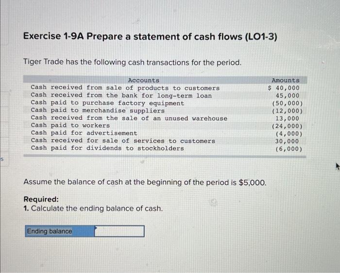 Solved Exercise 1-9A Prepare a statement of cash flows | Chegg.com