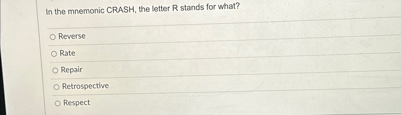 Solved In the mnemonic CRASH, the letter R stands for | Chegg.com