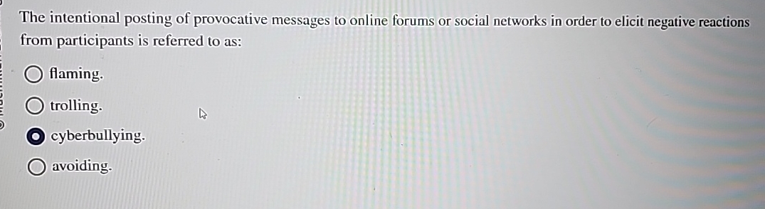 Solved The intentional posting of provocative messages to | Chegg.com