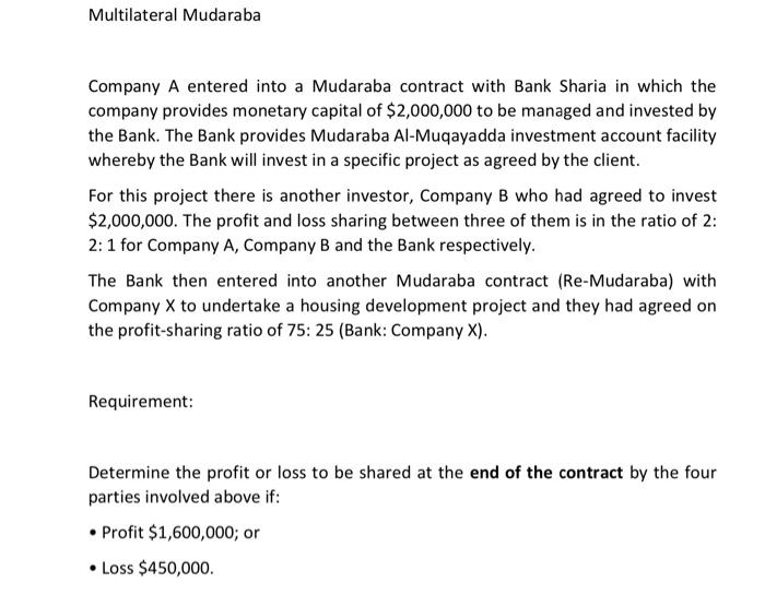 Solved Multilateral Mudaraba Company A entered into a | Chegg.com