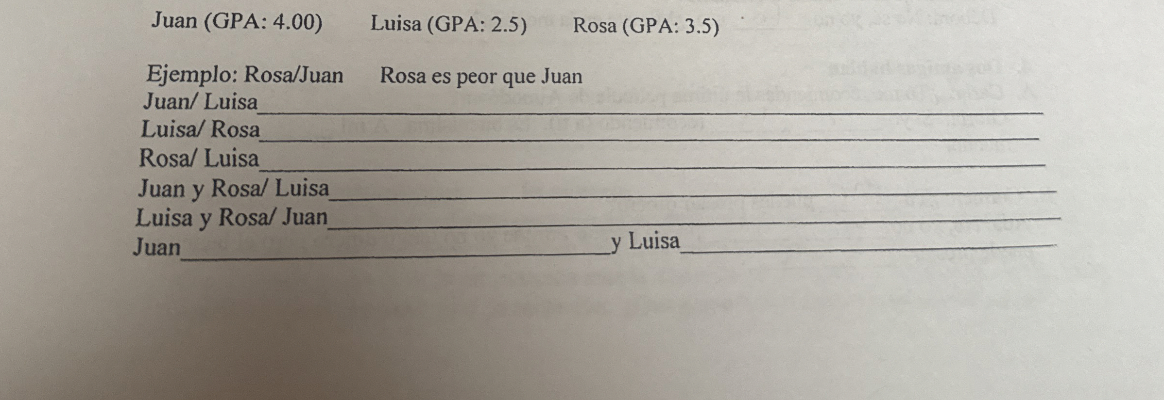 Solved Juan (GPA: 4.00) ﻿Luisa (GPA: 2.5) ﻿Rosa (GPA: | Chegg.com