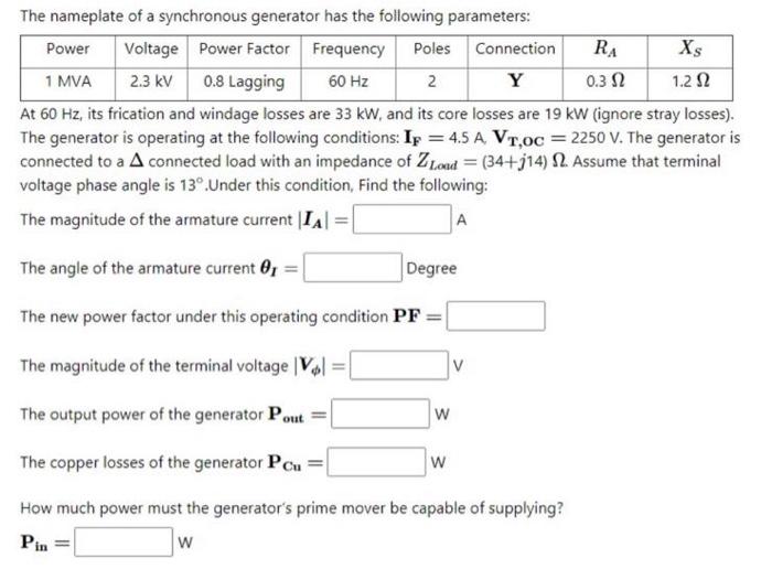 Solved Xs The nameplate of a synchronous generator has the | Chegg.com