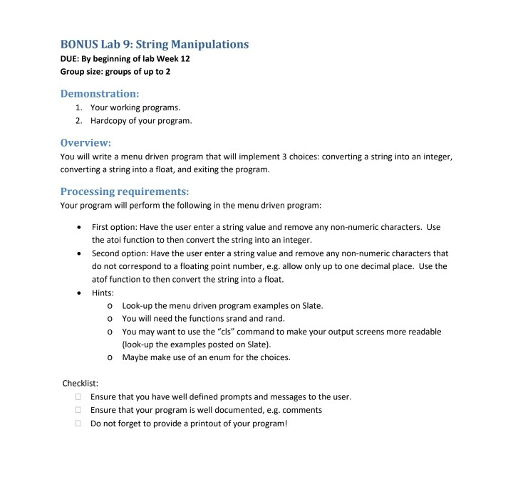 Solved BONUS Lab 9: String Manipulations DUE: By beginning | Chegg.com