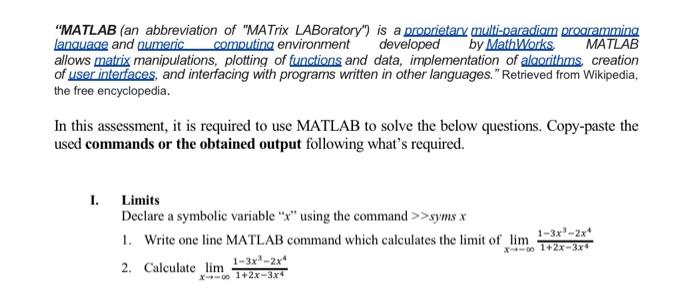 Solved "MATLAB (an abbreviation of "MATrix LABoratory") is a | Chegg.com