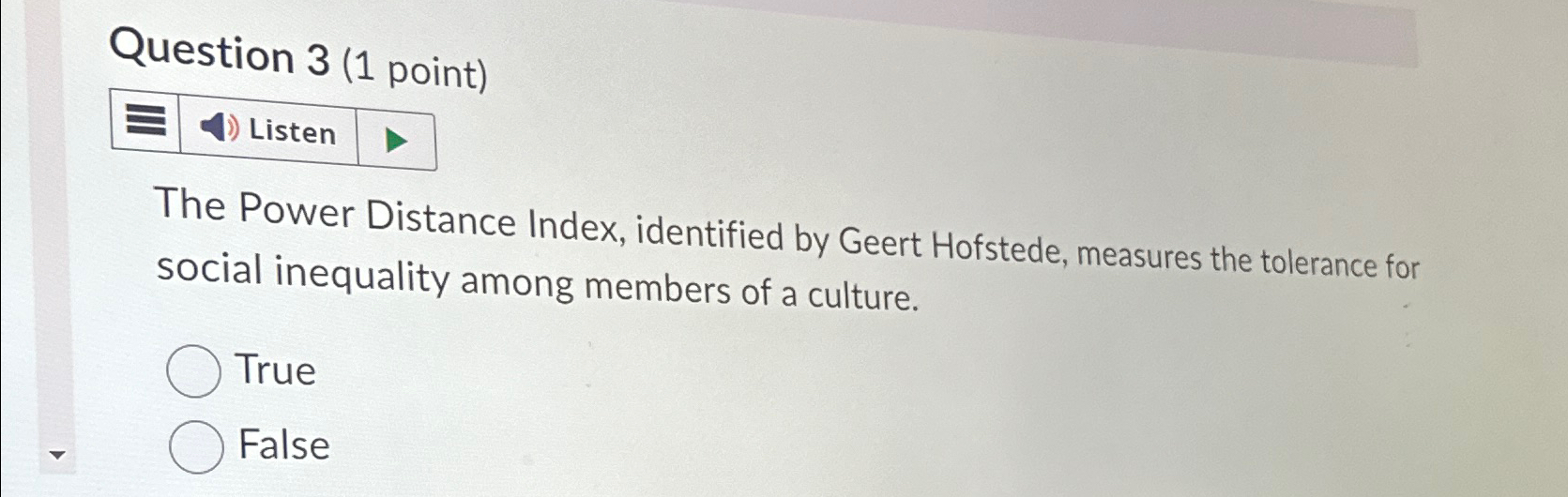 Solved Question 3 (1 ﻿point)ListenThe Power Distance Index, | Chegg.com