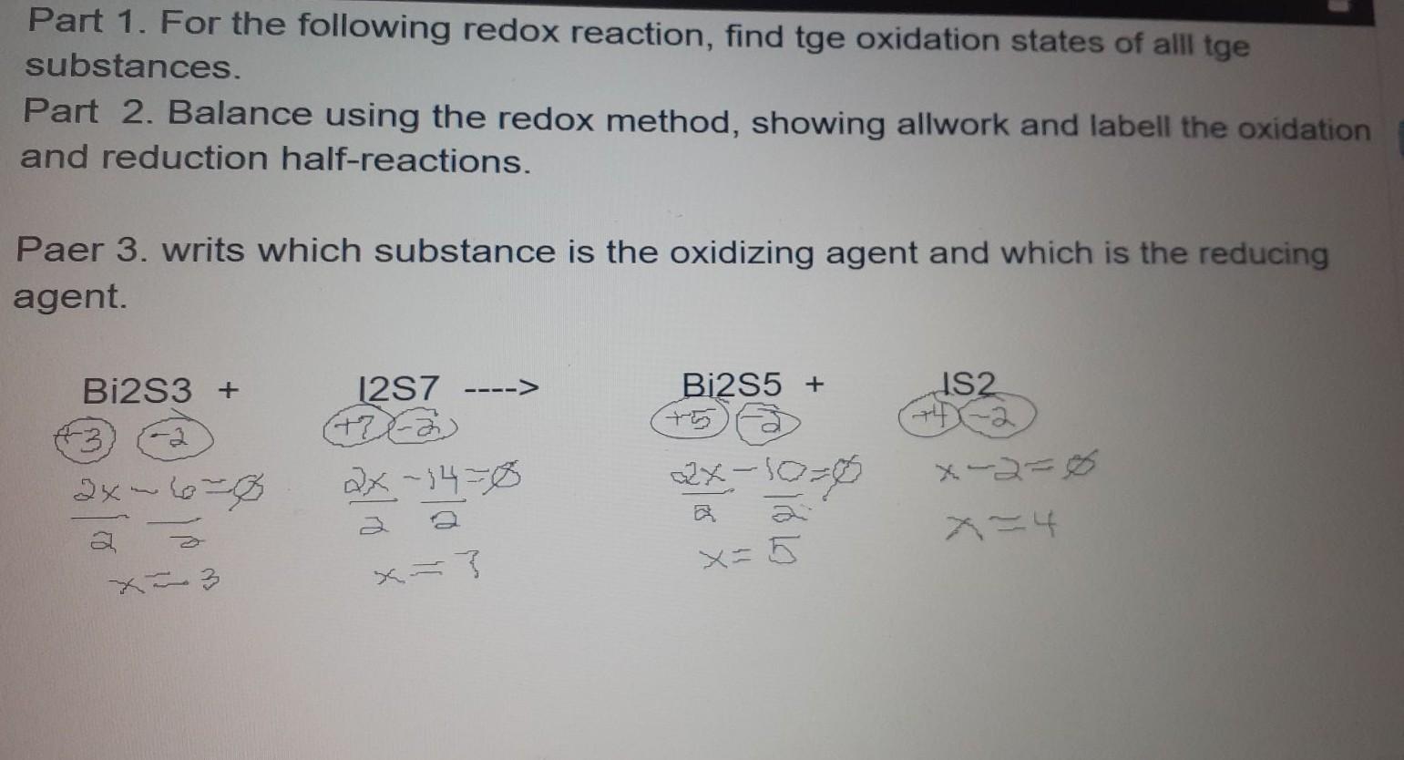 Solved Part 1. For the following redox reaction, find tge | Chegg.com