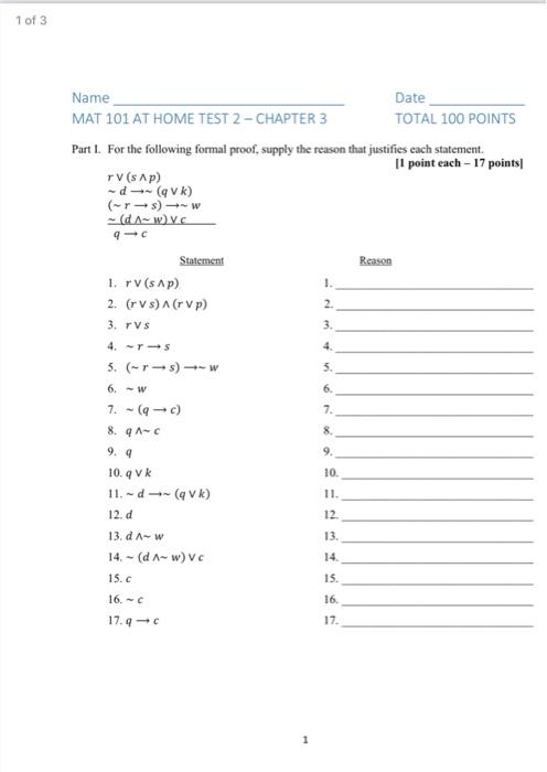 Solved 1 of 3 Name MAT 101 AT HOME TEST 2 - CHAPTER 3 Date | Chegg.com