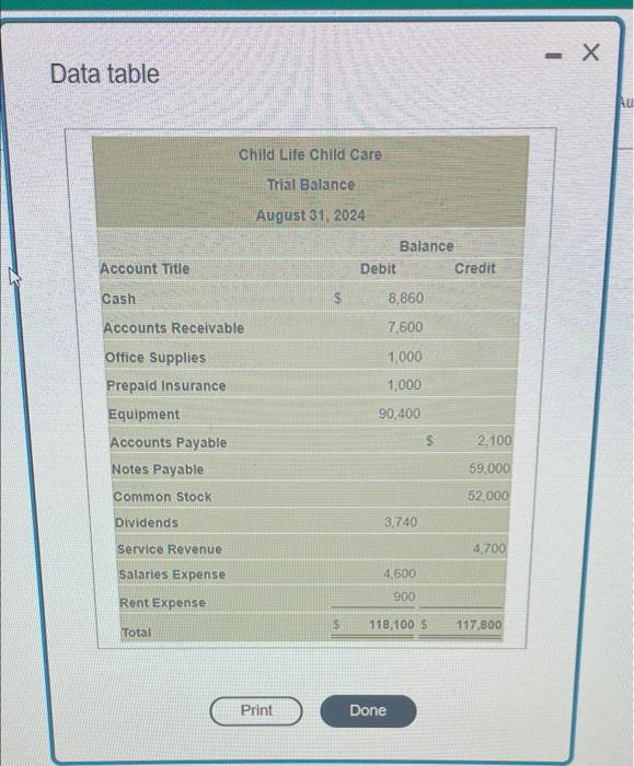 Solved The tral balance of Chad Lite Child Care does not | Chegg.com
