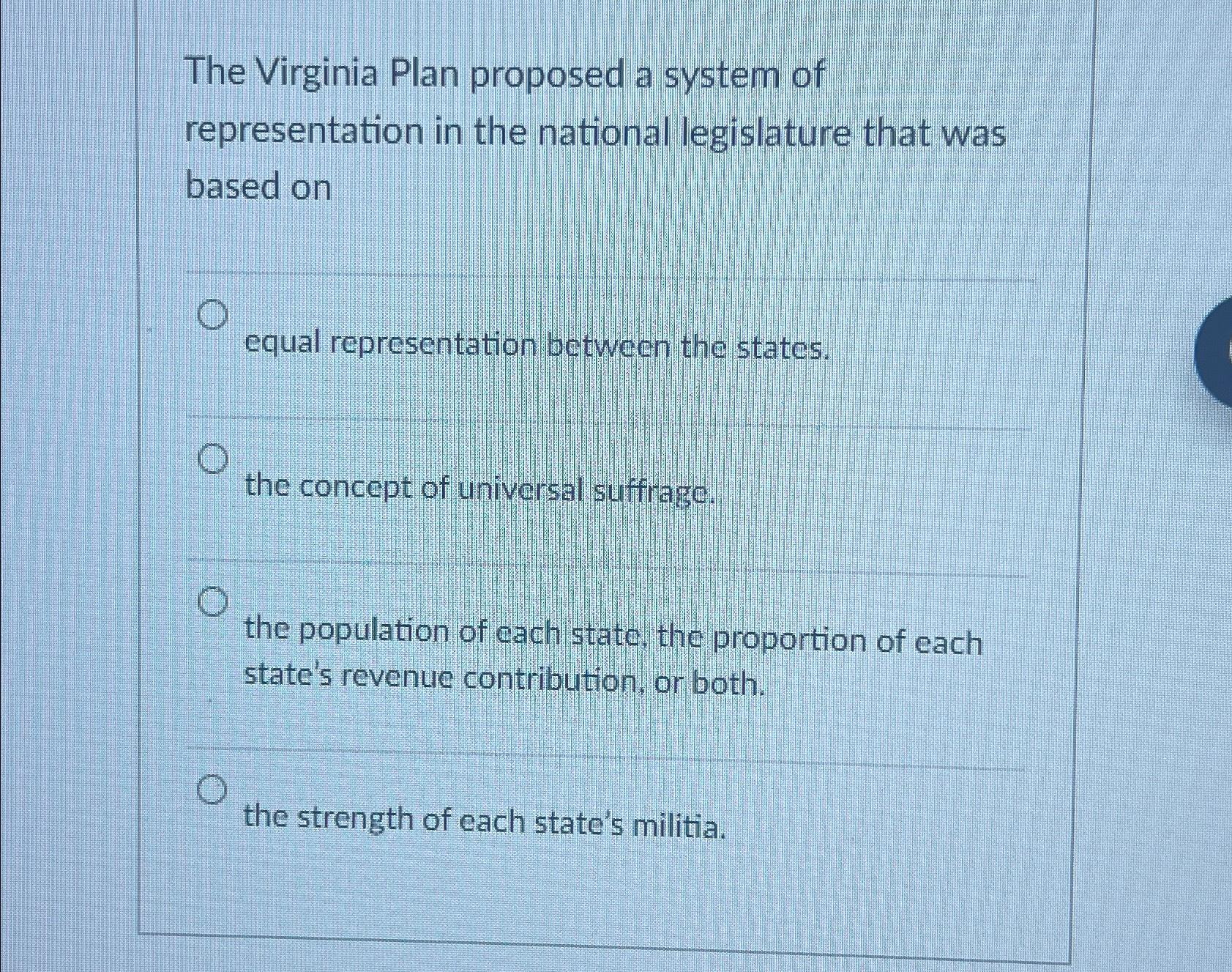 Solved The Virginia Plan proposed a system of representation | Chegg.com