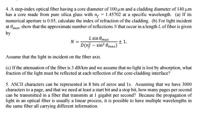 Solved 4. A step-index optical fiber having a core diameter | Chegg.com