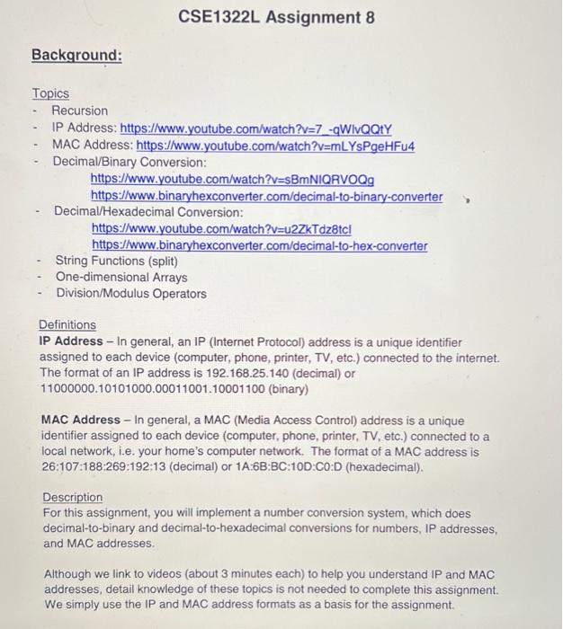 Solved CSE1322L Assignment 8 Background: Topics Recursion IP | Chegg.com
