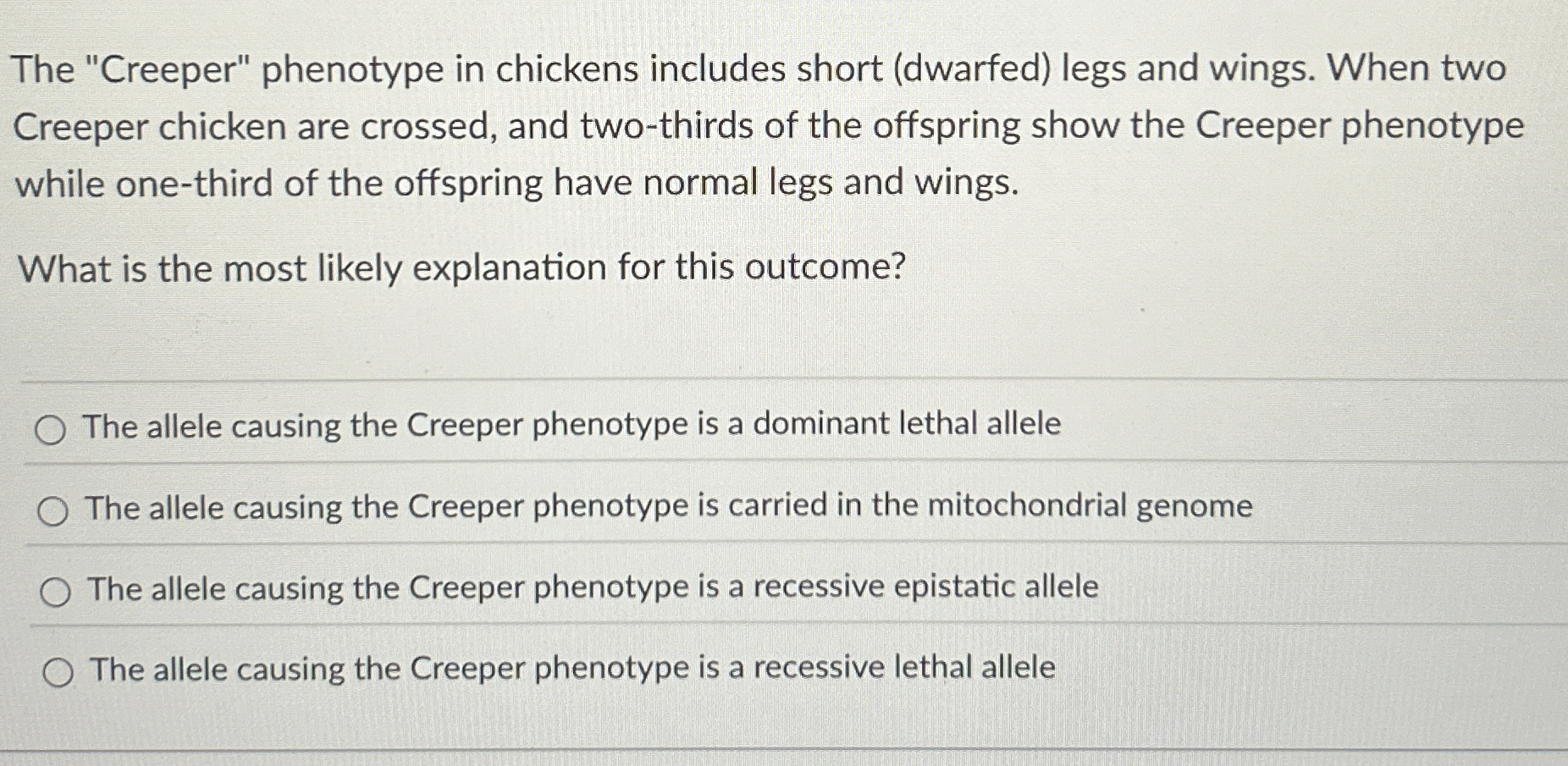 Solved The "Creeper" phenotype in chickens includes short | Chegg.com