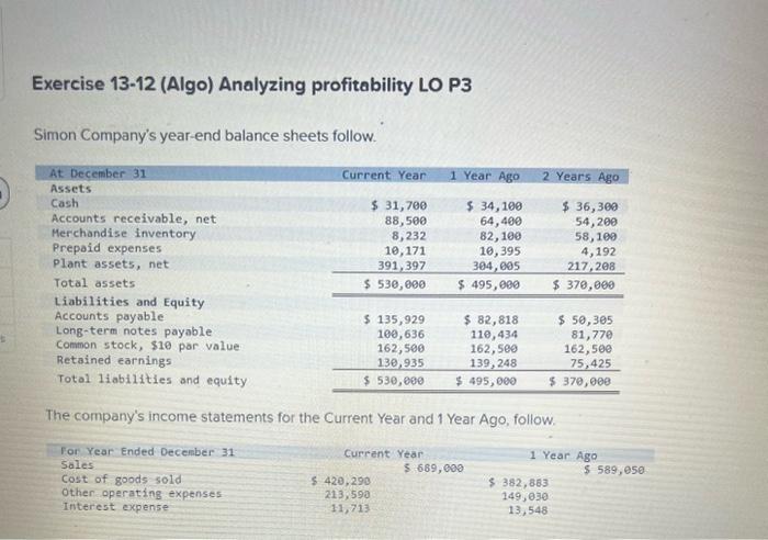 Solved Exercise 13-12 (Algo) Analyzing profitability LO P3 | Chegg.com