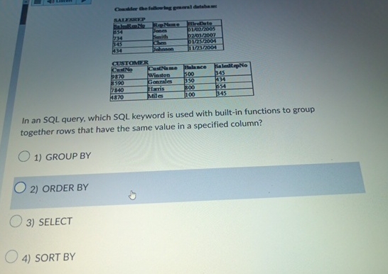 Solved CUSTOMERIn an SQL query, which SQL keyword is used | Chegg.com