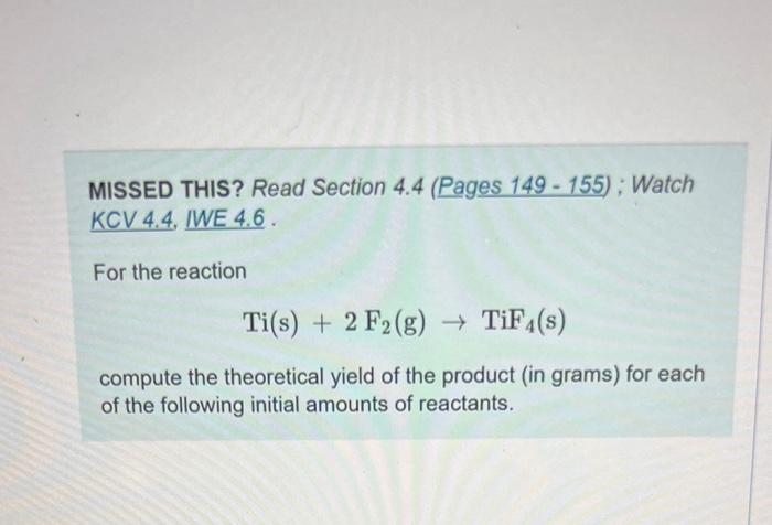 Solved For the reaction Ti(s) + 2F2(g)= TiF4(s) compute the | Chegg.com