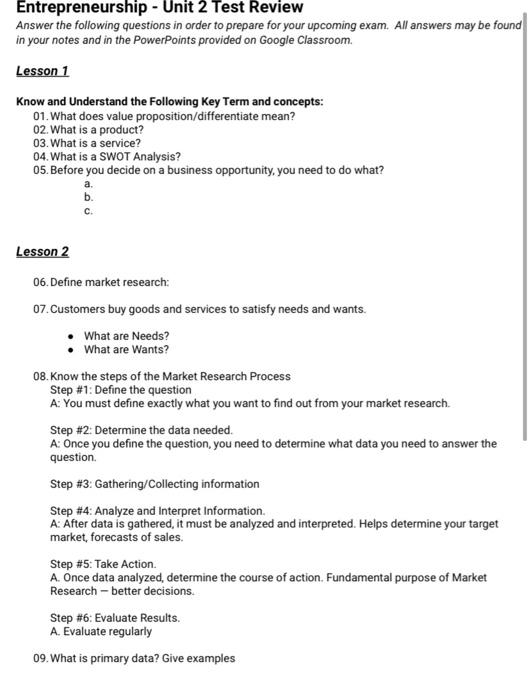 Solved Entrepreneurship - Unit 2 Test Review Answer the | Chegg.com
