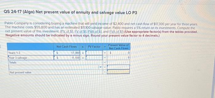 Solved QS 24-17 (Algo) Net present value of annuity and | Chegg.com