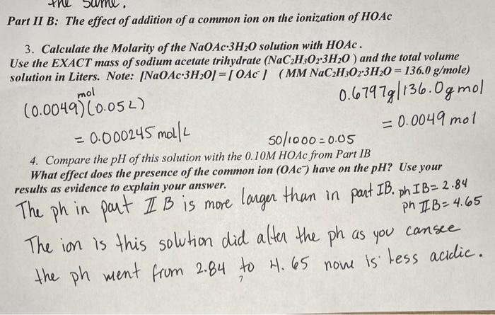 Solved Part II B: The effect of adding a common ion to a | Chegg.com