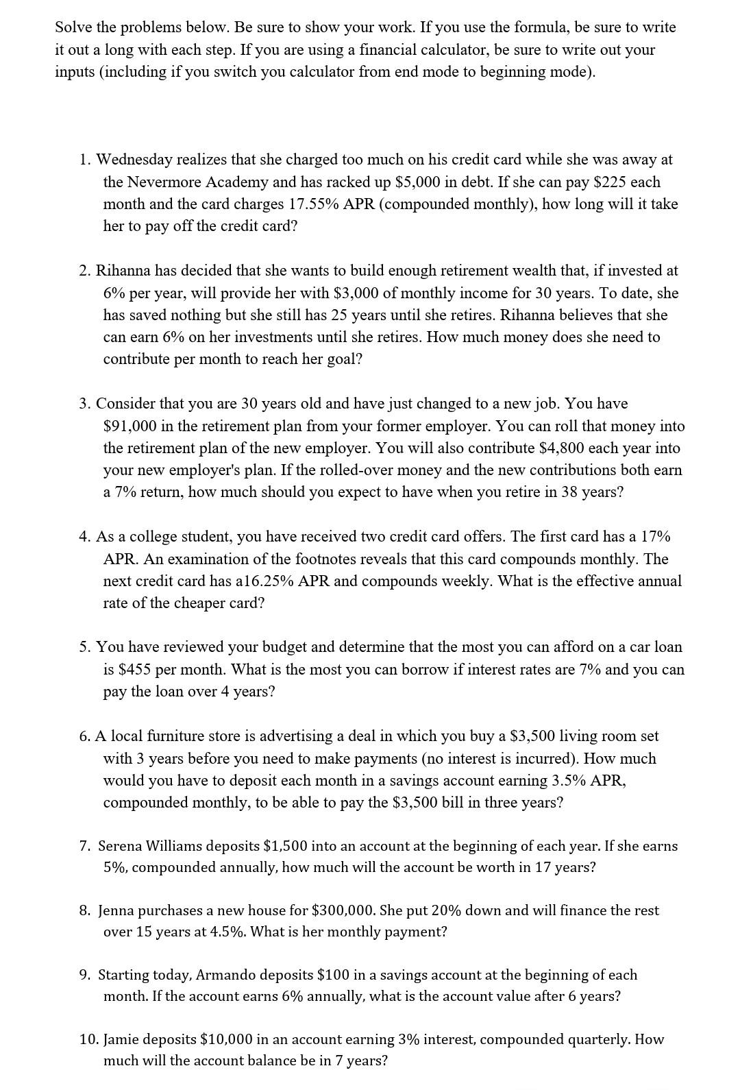 Solved Solve the problems below. Be sure to show your work. | Chegg.com