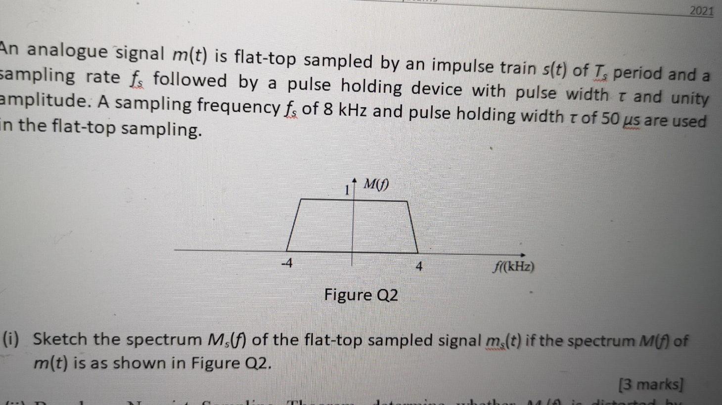 Solved 2021 An analogue signal m(t) is flat-top sampled by | Chegg.com