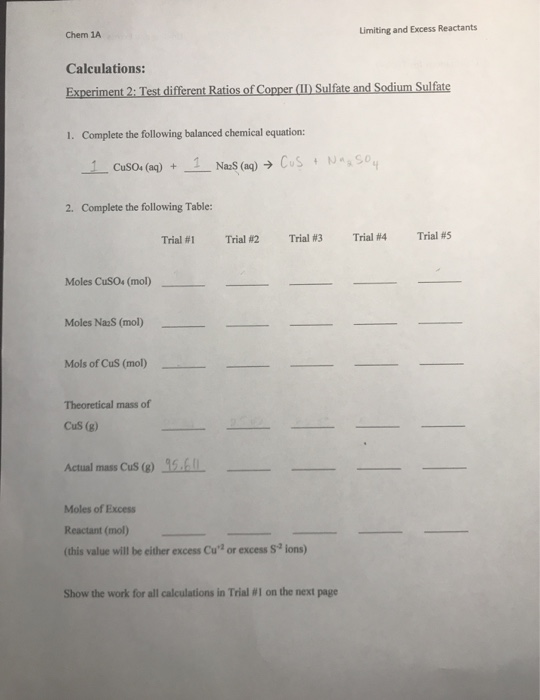 Solved Chem 1A Limiting and Excess Reactants Calculations: | Chegg.com