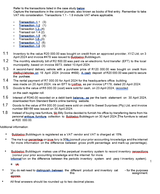 Solved Refer to the transactions listed in the case study | Chegg.com