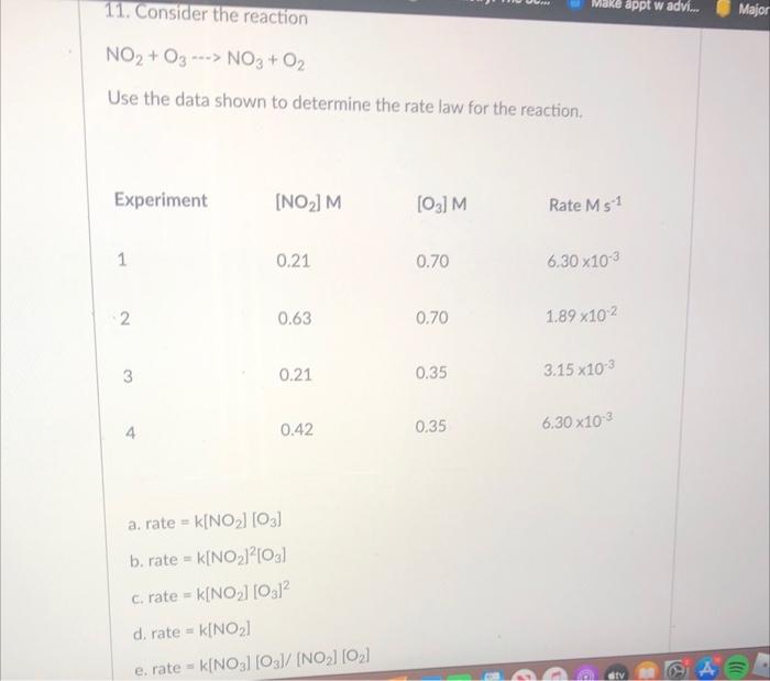 Solved 11. Consider the reaction NO₂+O3 ---> NO3 + O2 Use | Chegg.com