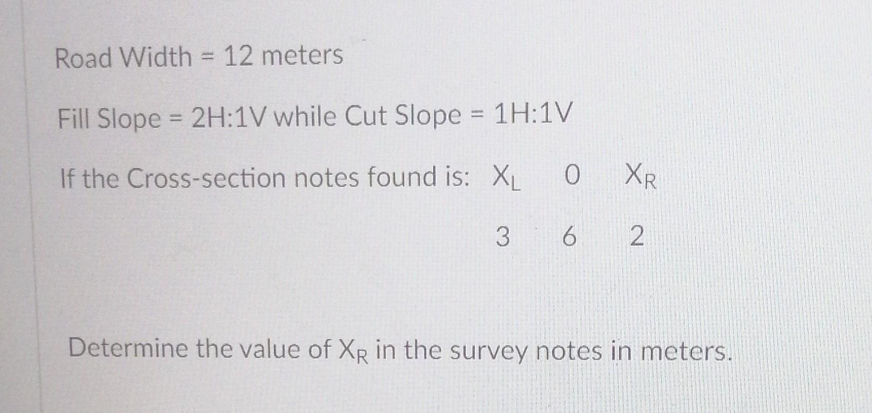 Solved Road Width = 12 meters - Fill Slope = 2H:1V while Cut | Chegg.com