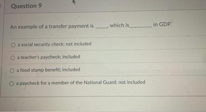 Solved An example of a transfer payment is , which is in | Chegg.com