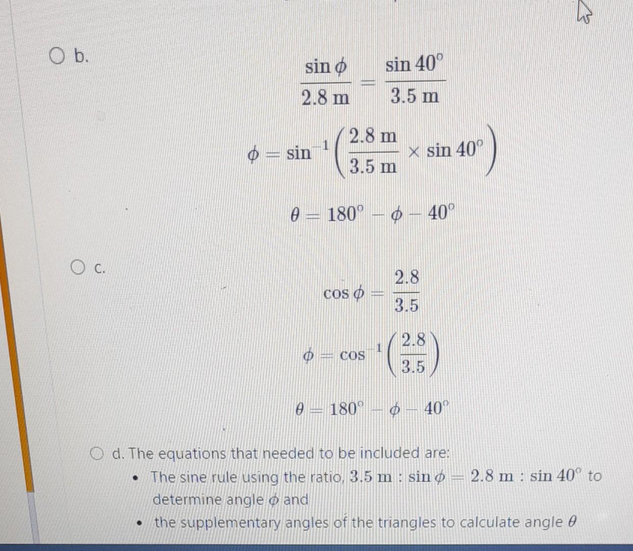 Solved Determine the included angles ϕ and θ of the triangle | Chegg.com
