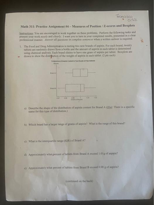 ortiz Math 311: Practice Assignment #4 - Measures of | Chegg.com