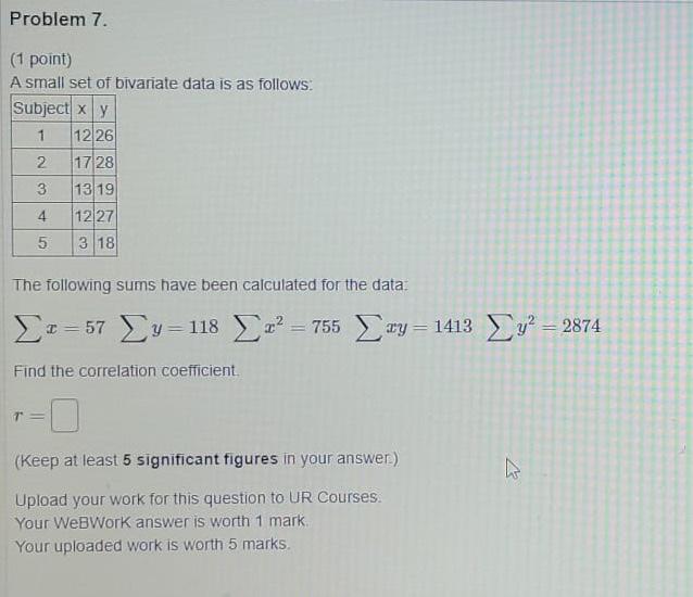 Solved Problem 7. (1 point) A small set of bivariate data is | Chegg.com