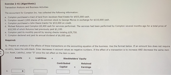 Solved Exercise 2-41 (Algorithmic) Transaction Analysis and | Chegg.com
