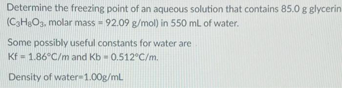 Solved Determine the freezing point of an aqueous solution | Chegg.com