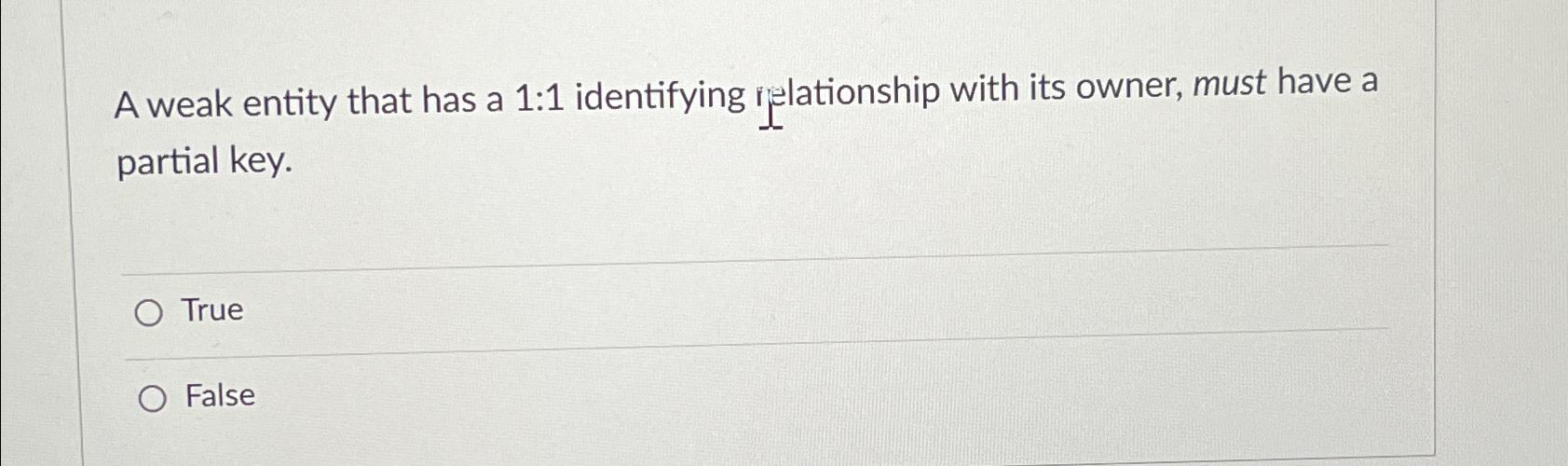 Solved A weak entity that has a 1:1 ﻿identifying a | Chegg.com