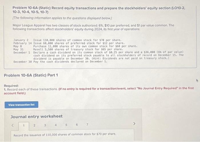 Solved Problem 10-6A (Static) Record equity transactions and | Chegg.com