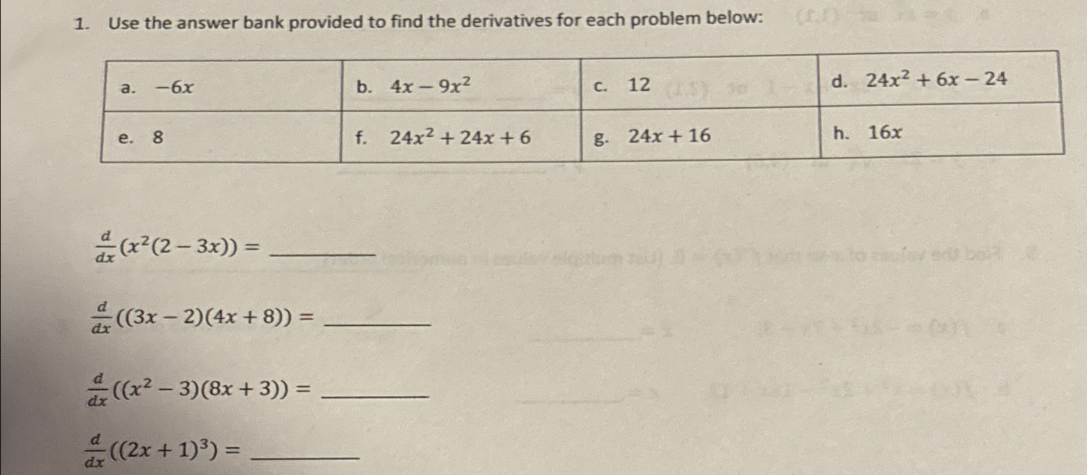Solved Use the answer bank provided to find the derivatives | Chegg.com