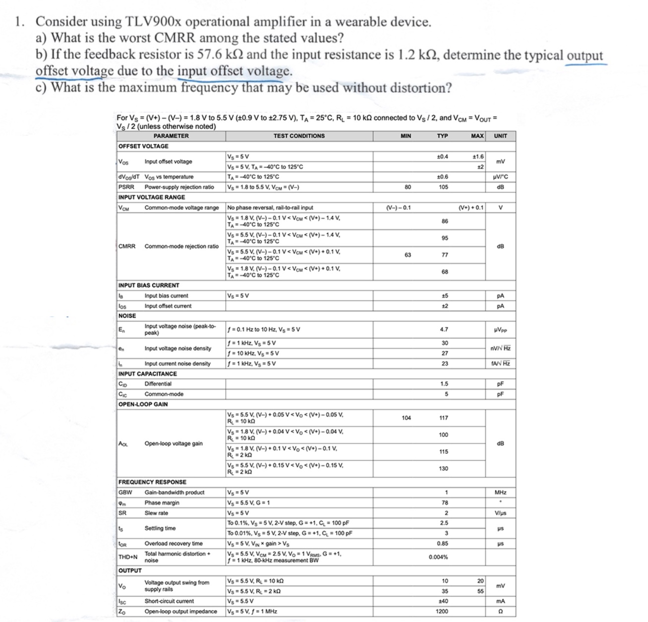 Solved Consider using TLV900x operational amplifier in a | Chegg.com