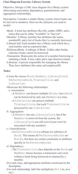 Solved Class Diagram Exercise: Library System Objective: | Chegg.com