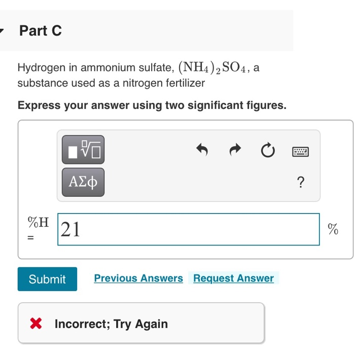 Solved Part C Hydrogen in ammonium sulfate, (NH4)2SO4, a | Chegg.com