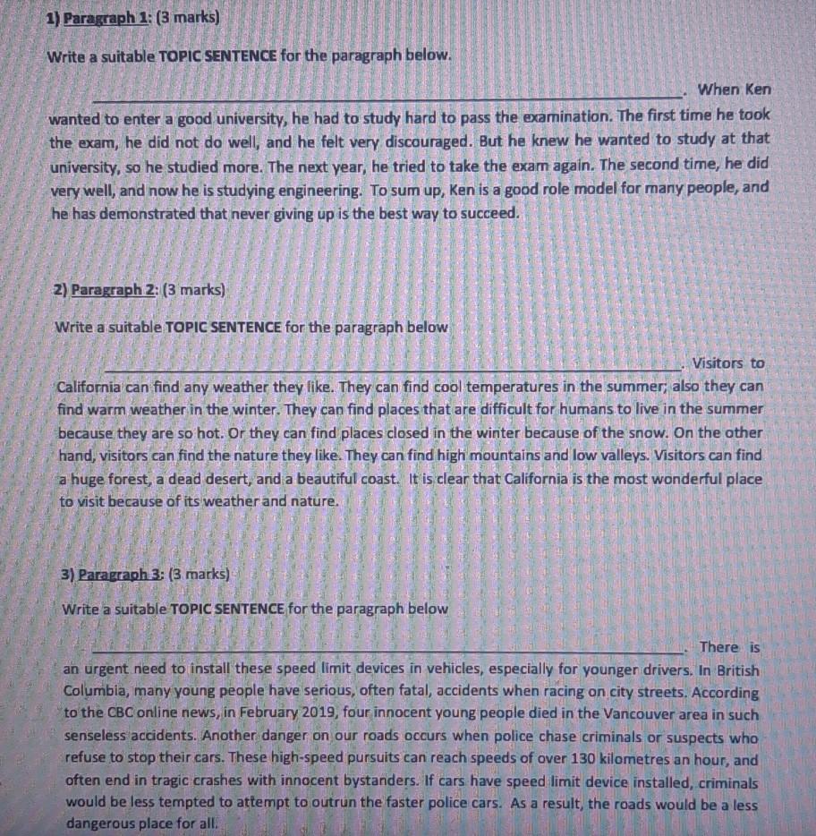 1) Paragraph 1: (3 marks) Write a suitable TOPIC | Chegg.com