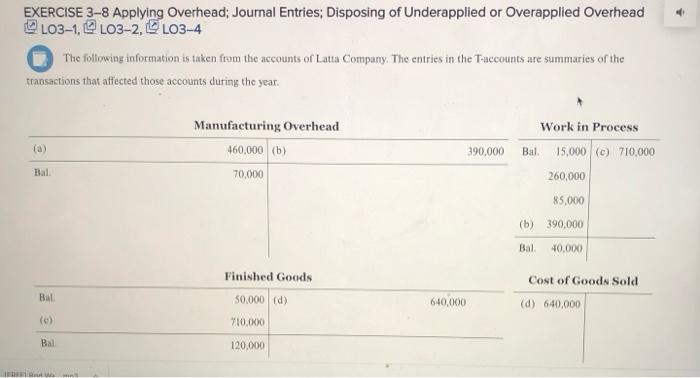 Solved EXERCISE 3-8 Applying Overhead; Journal Entries; | Chegg.com