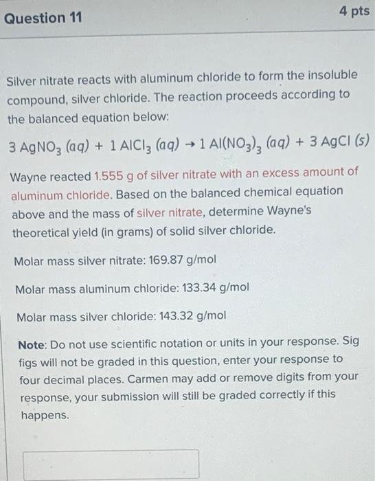 Solved Silver nitrate reacts with aluminum chloride to form | Chegg.com