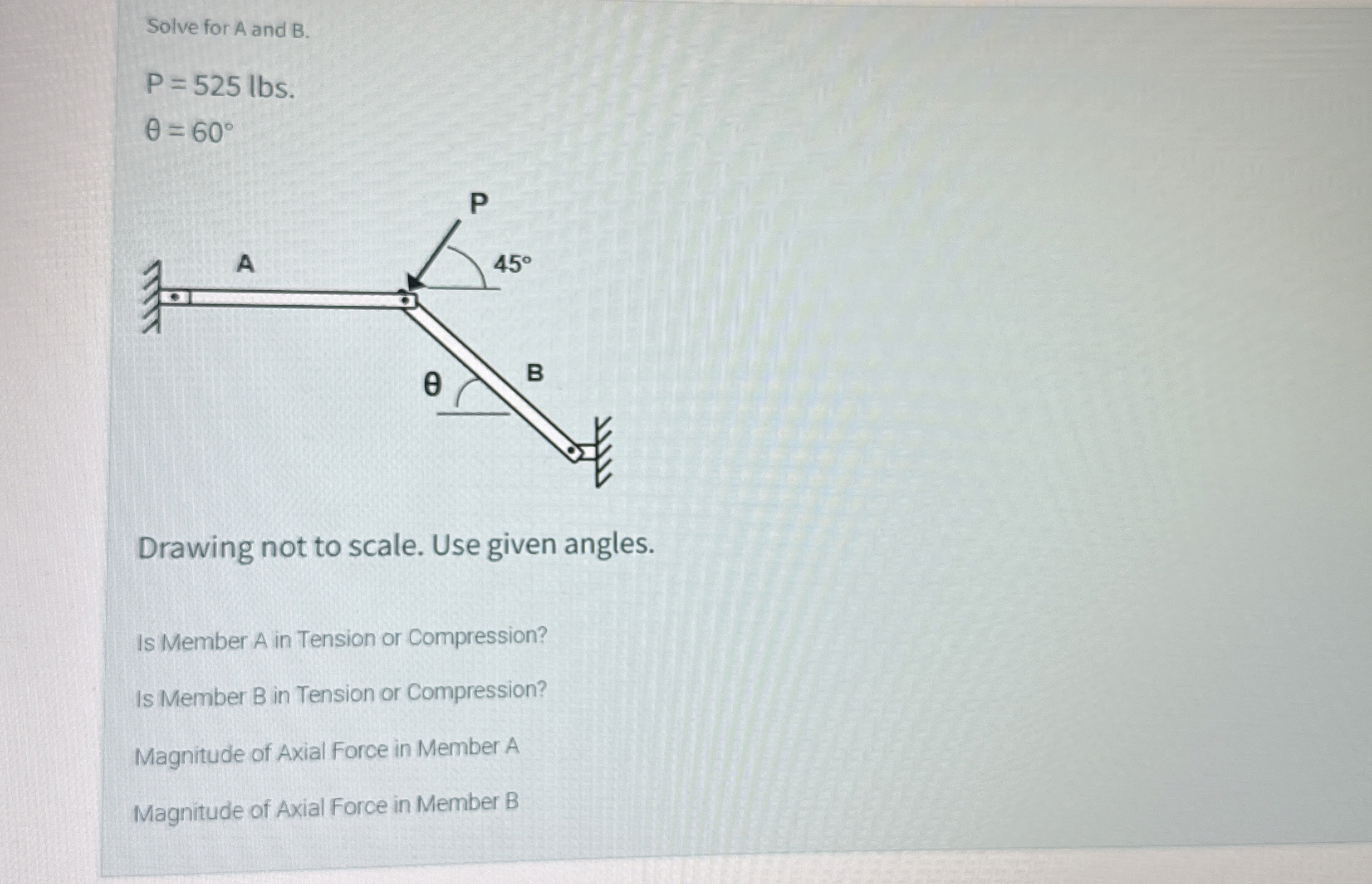 Solved Solve for A and B.P=525lbs.θ=60°Drawing not to scale. | Chegg.com